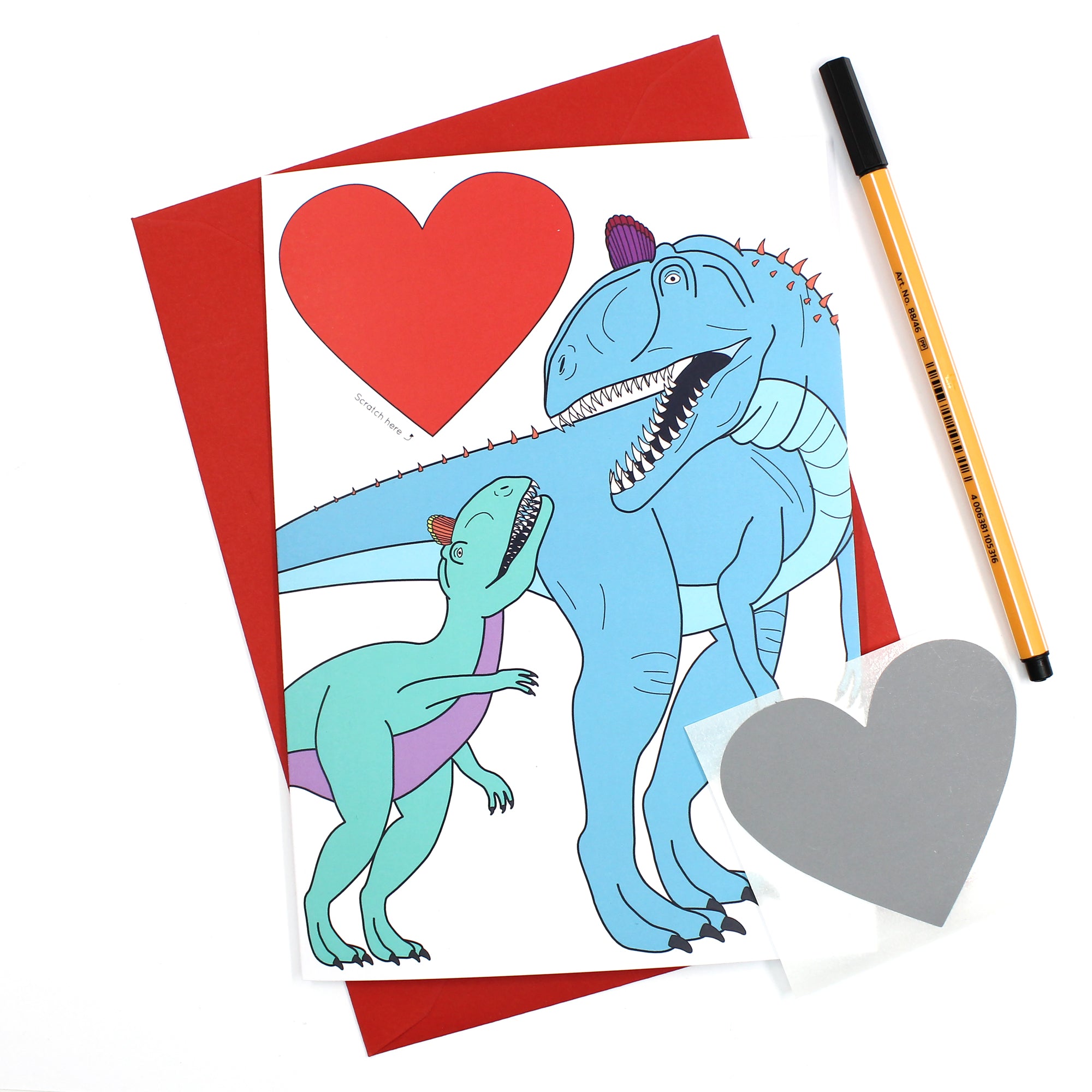 Heart Dinosaur Scratch Greeting Card – Dinosaurs Doing Stuff