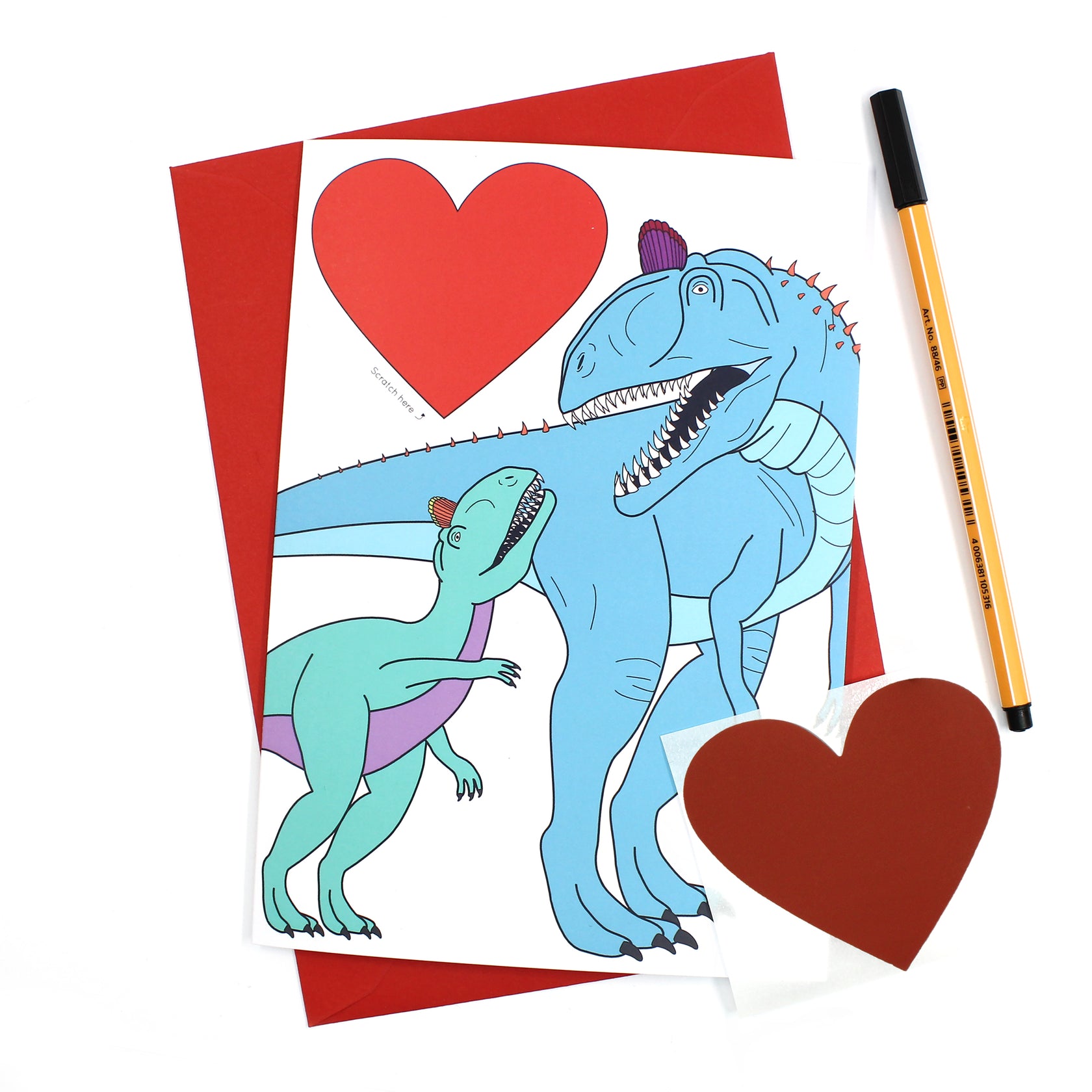 Heart Dinosaur Scratch Greeting Card – Dinosaurs Doing Stuff