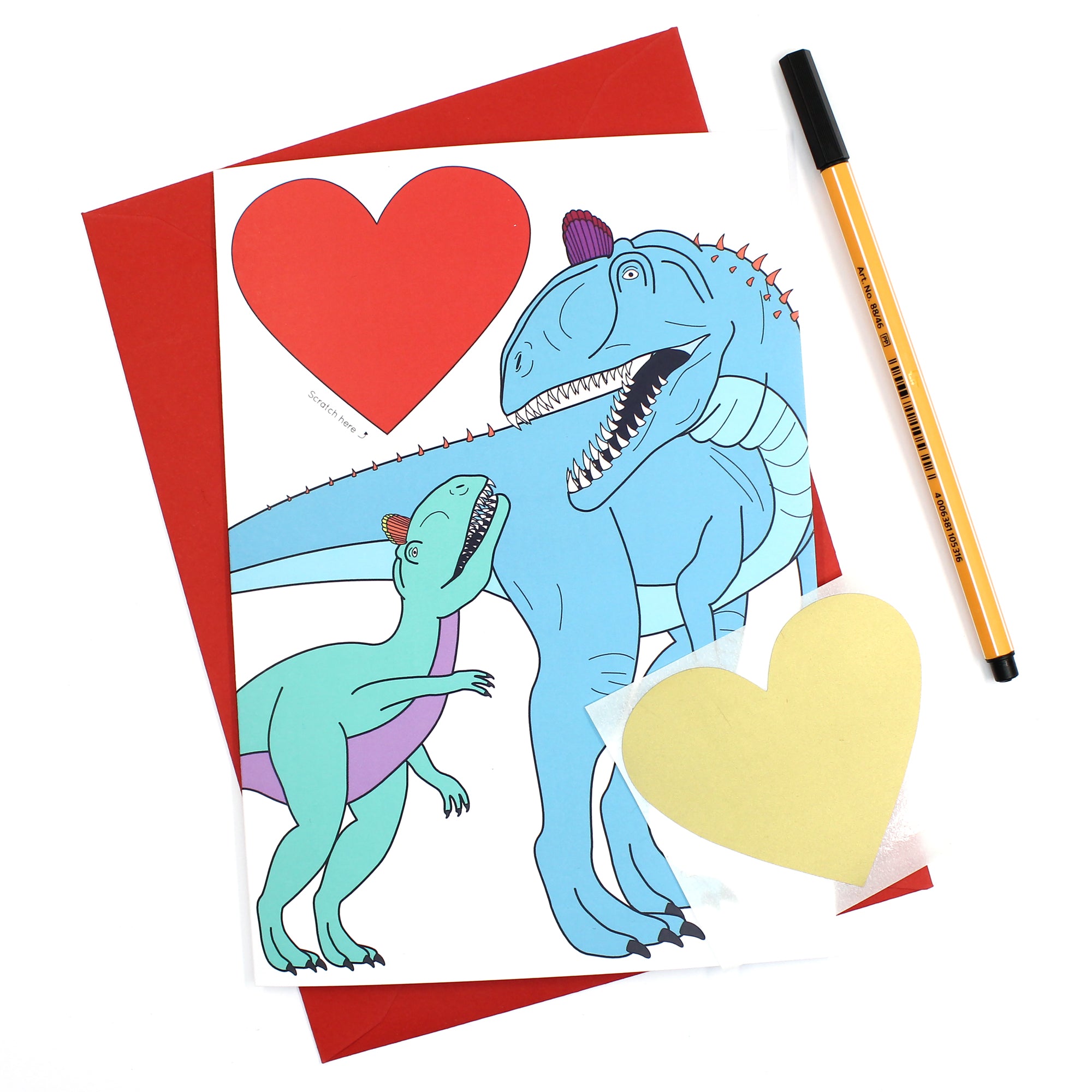 Heart Dinosaur Scratch Greeting Card – Dinosaurs Doing Stuff