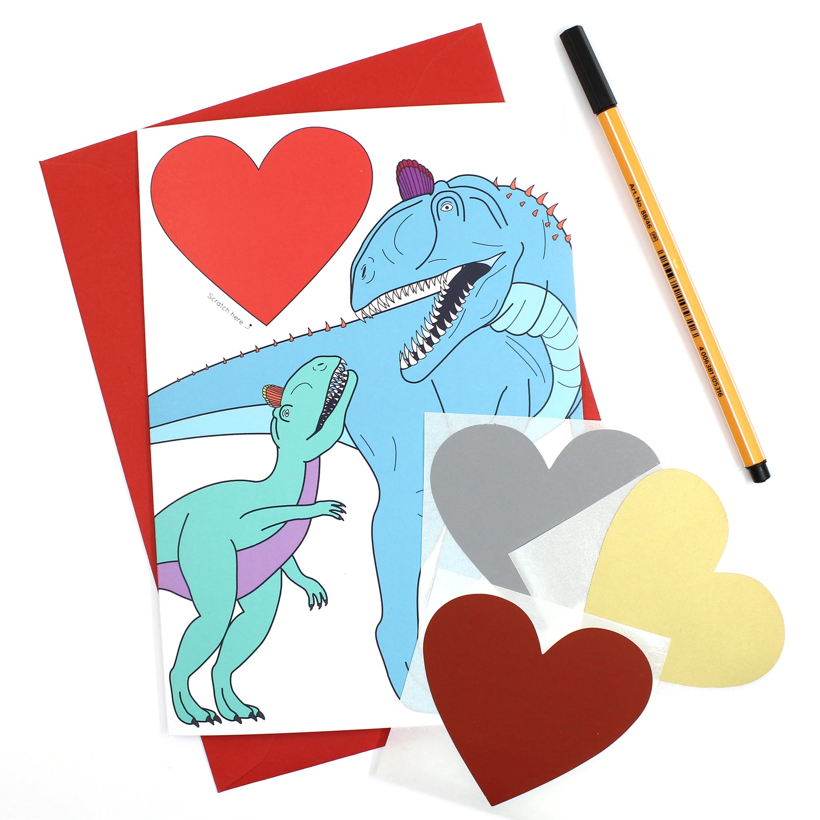 Heart Dinosaur Scratch Greeting Card – Dinosaurs Doing Stuff